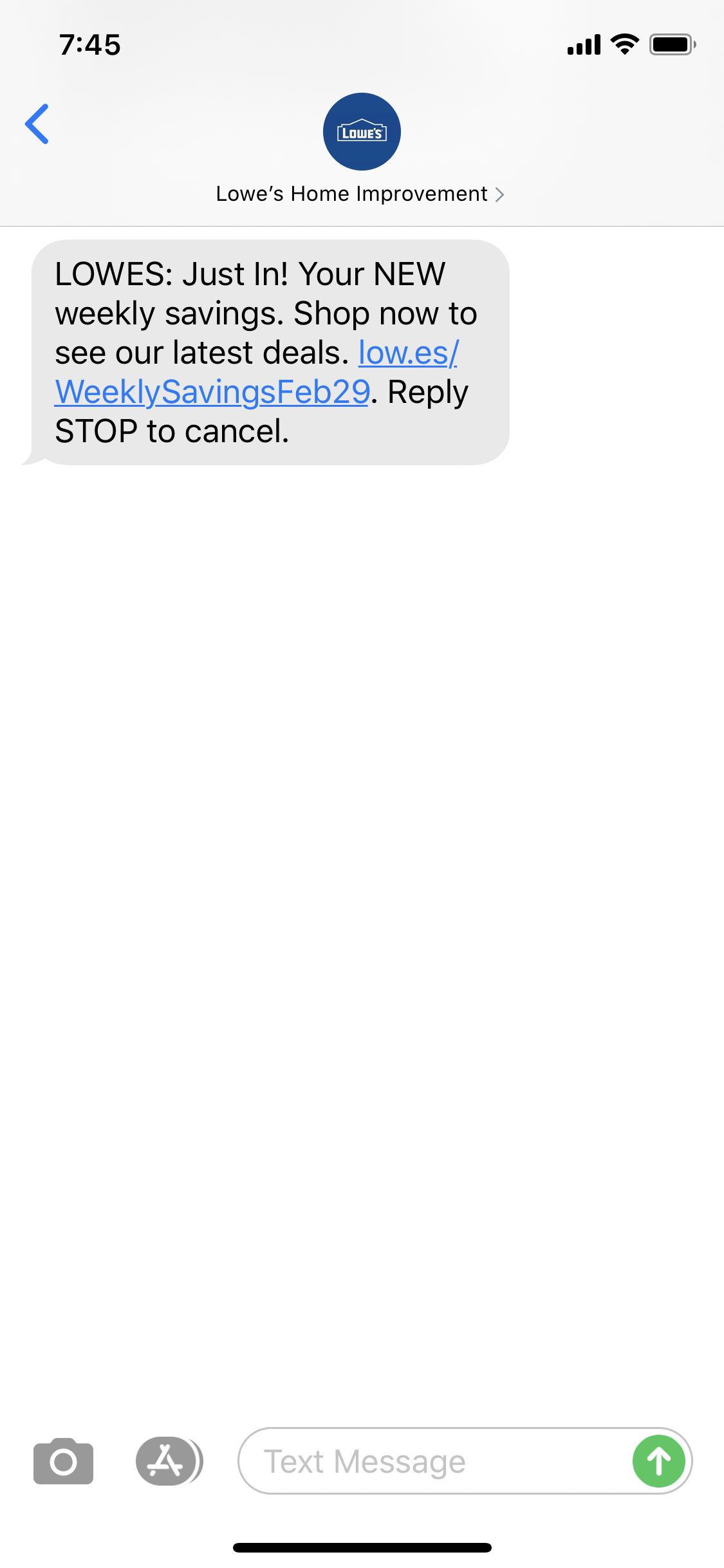 Lowe’s Text Message Marketing Example – 02.29.2020 | SMS Archives