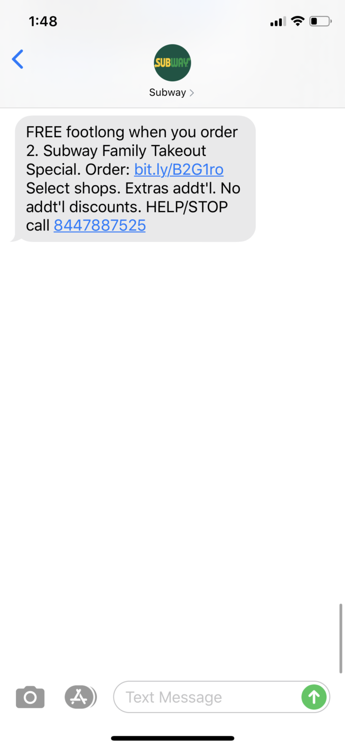 Subway Text Message Marketing Example – 03.06.2020 | SMS Archives