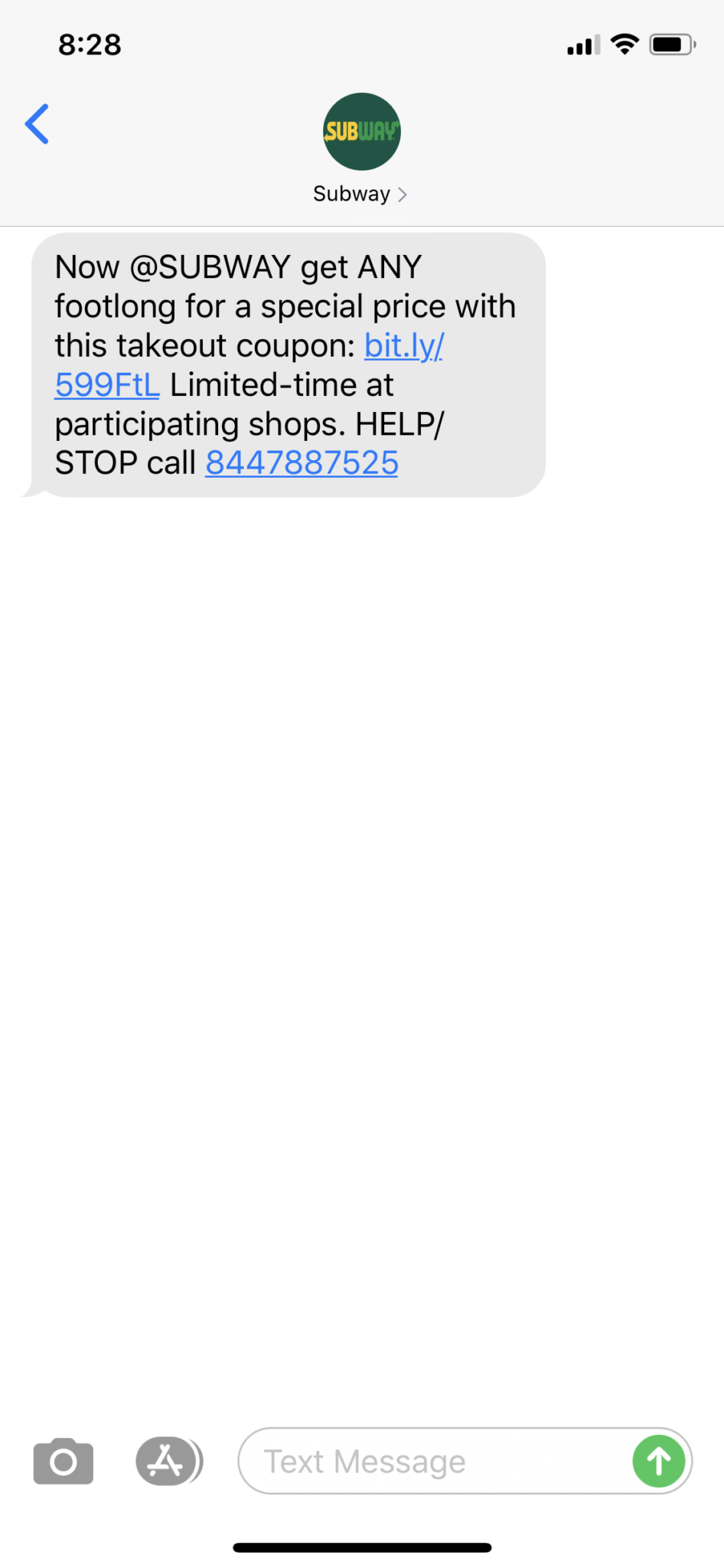 Subway Text Message Marketing Example – 04.24.2020 | SMS Archives