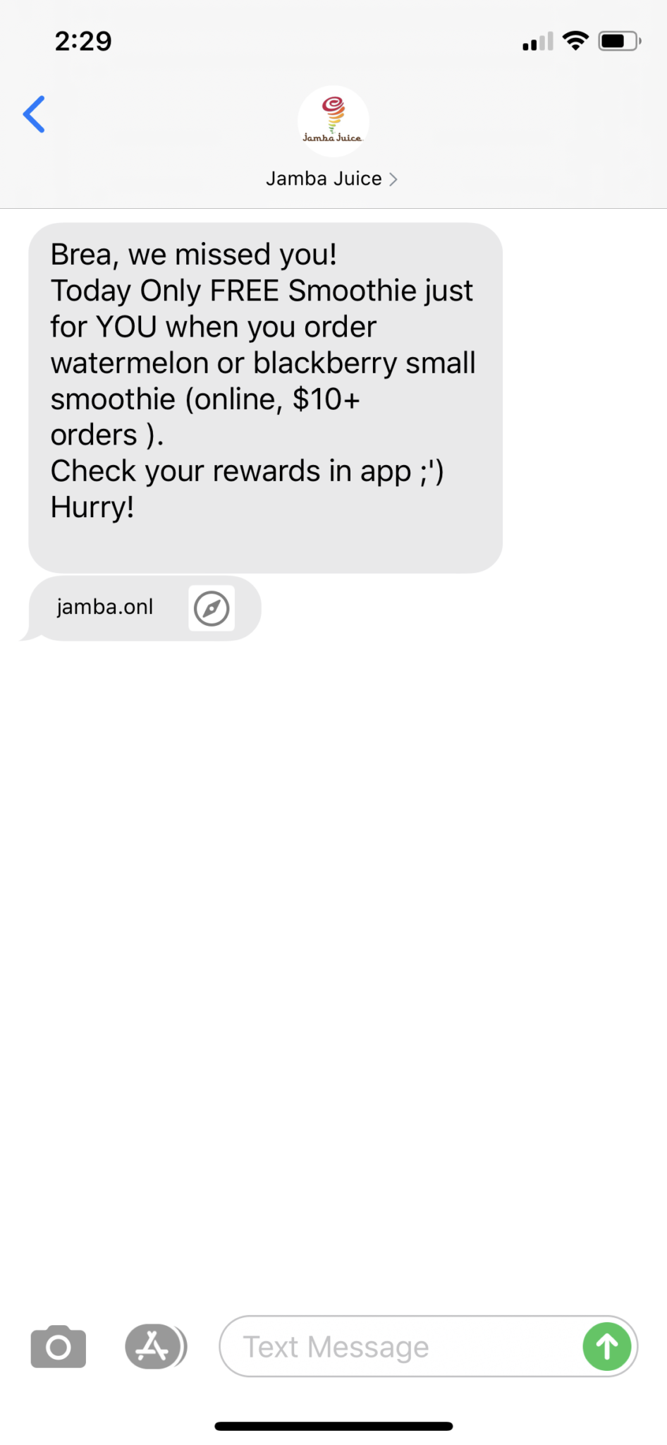 Jamba Juice Text Message Marketing Example – 08.30.2020 | SMS Archives