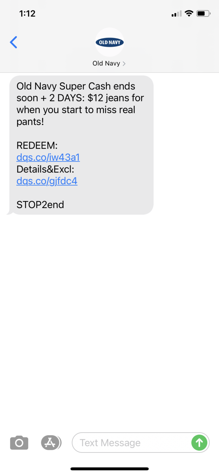 Old Navy Text Message Marketing Example – 09.19.2020 | SMS Archives