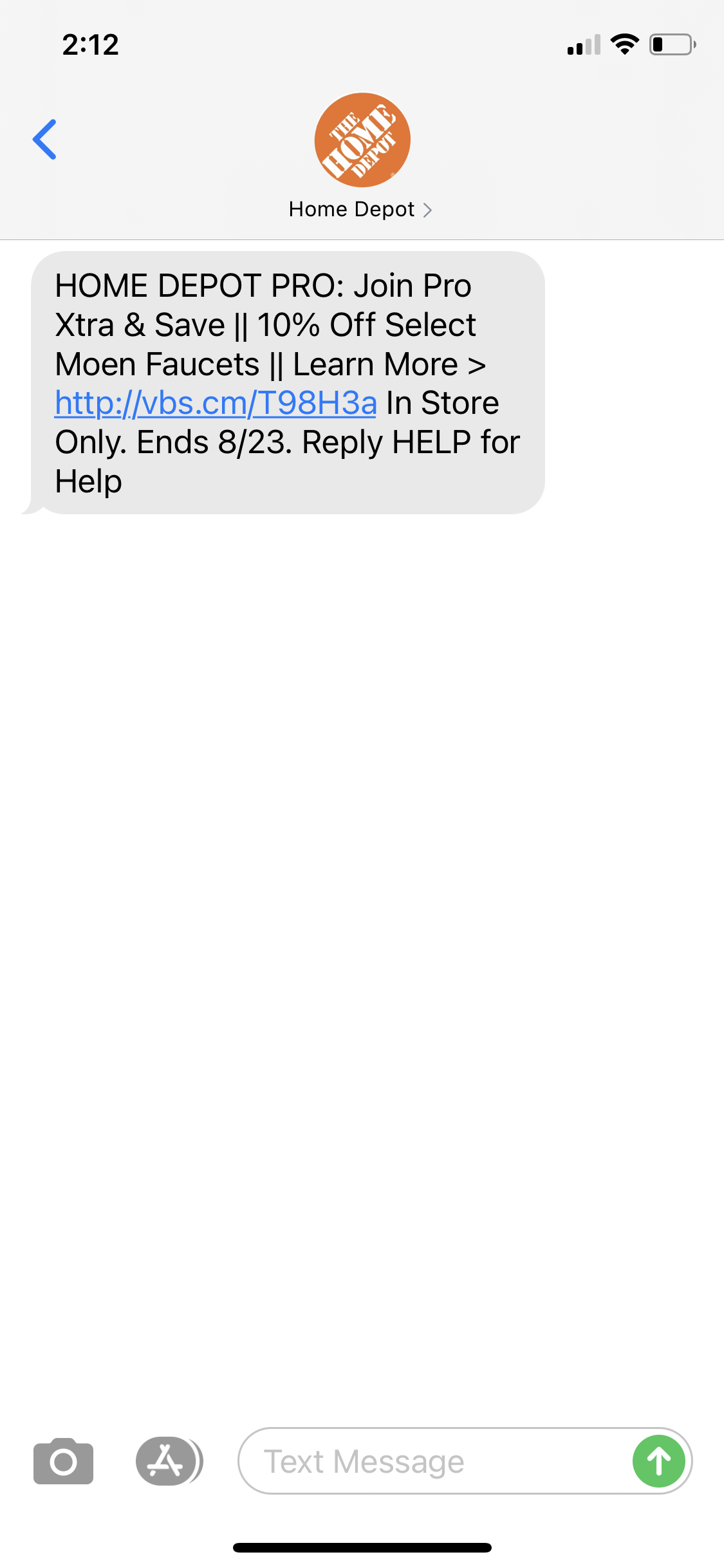 Home Depot Text Message Marketing Example – 8.17.2020 | SMS Archives