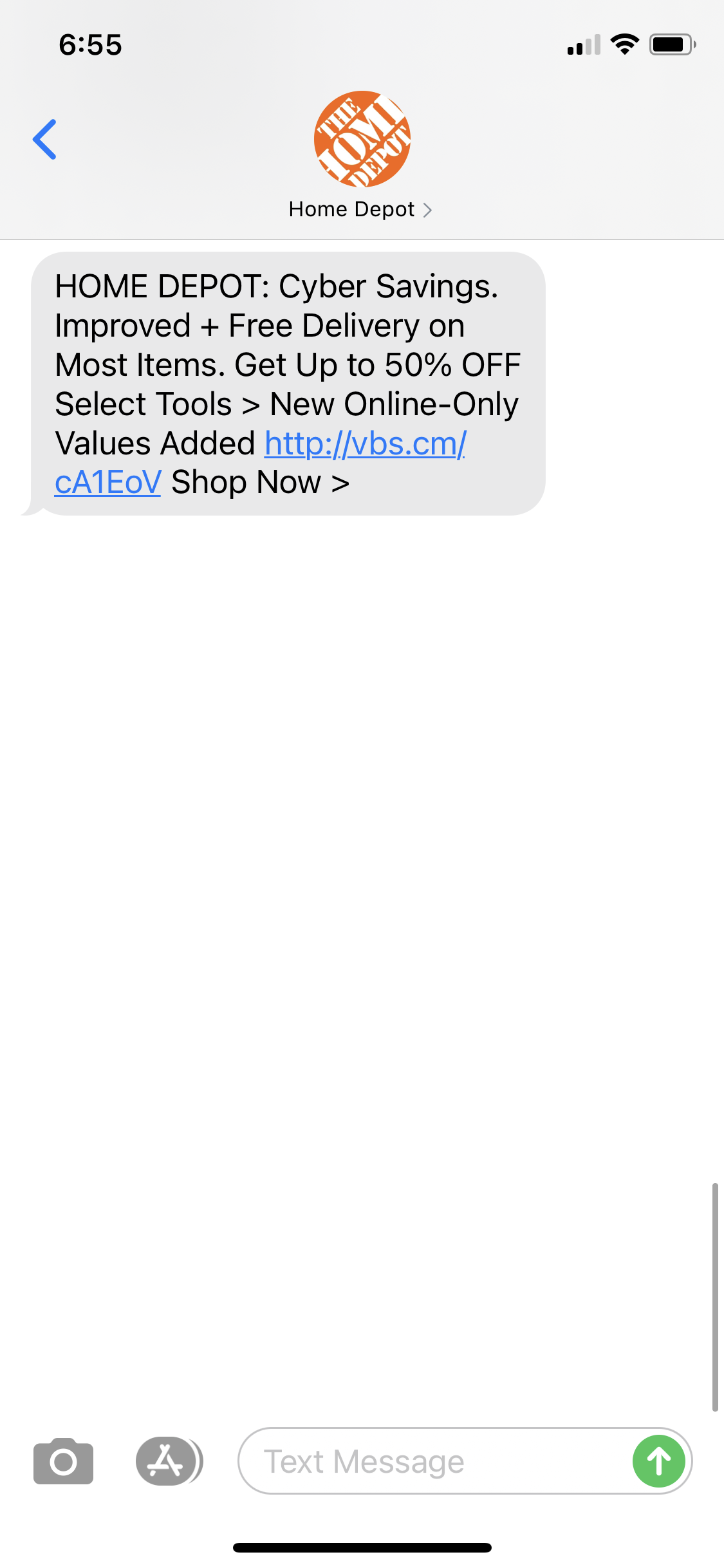 Home Depot Text Message Marketing Example – 11.30.2020.PNG | SMS Archives