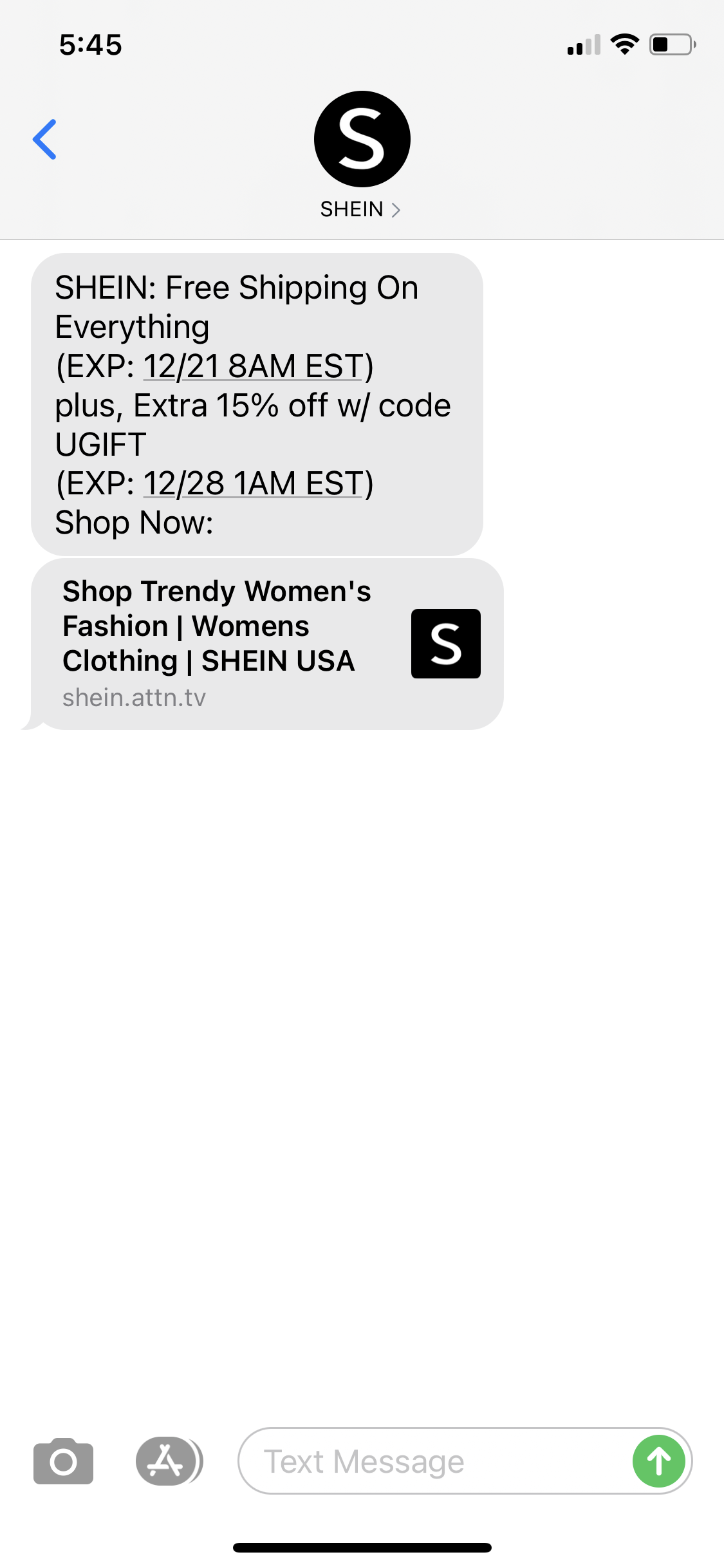 Shein Text Message Marketing Example – 12.20.2020 | SMS Archives