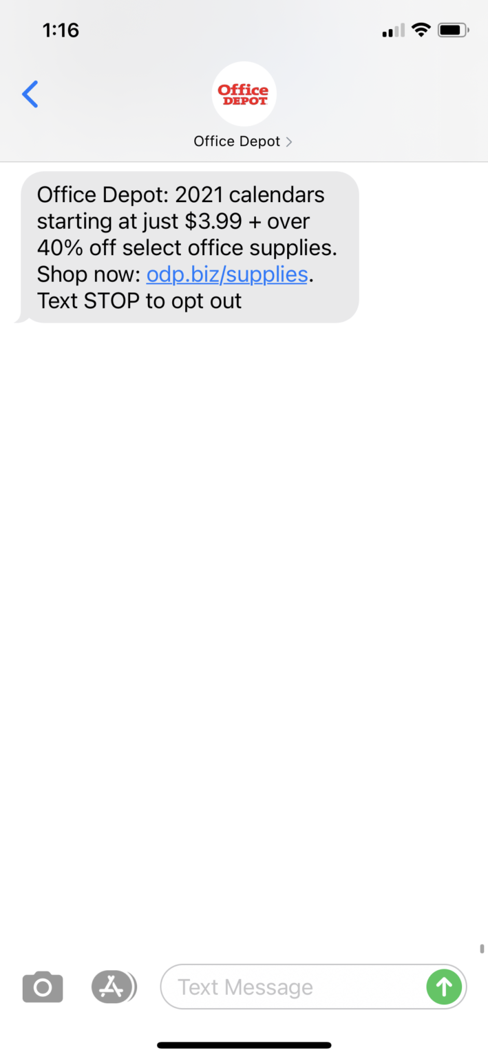 Office Depot Text Message Marketing Example – 01.14.2021 | SMS Archives