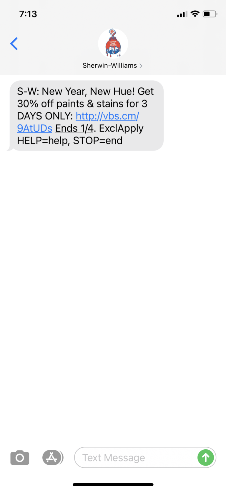Sherwin Williams Text Message Marketing Example – 01.02.2021 | SMS Archives
