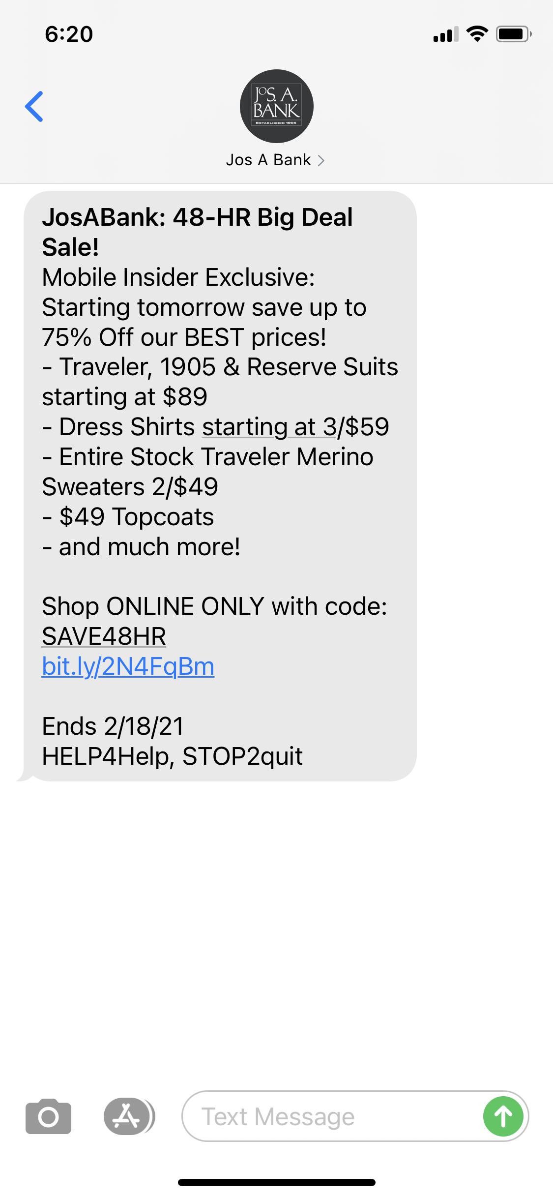Jos A Bank Text Message Marketing Example – 02.16.2021 | SMS Archives