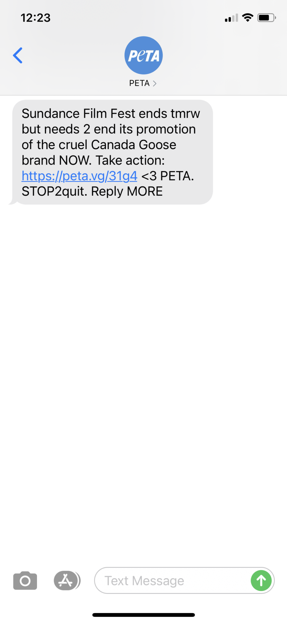 PETA Text Message Marketing Example – 02.02.2021 | SMS Archives