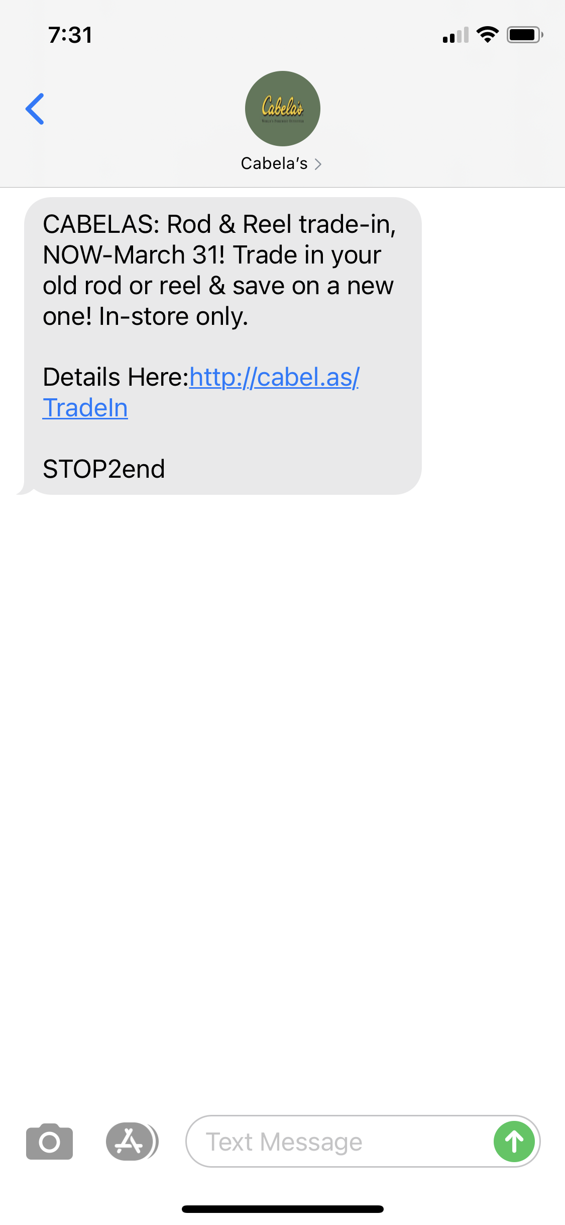 Cabelas Text Message Marketing Example – 03.16.2021 | SMS Archives