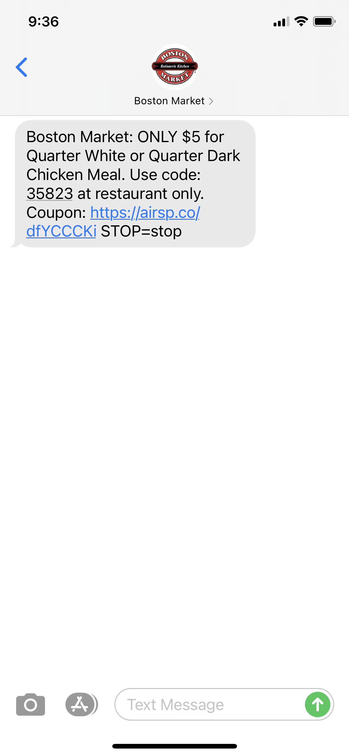 Boston Market Text Message Marketing Example – 03.22.2021 | SMS Archives