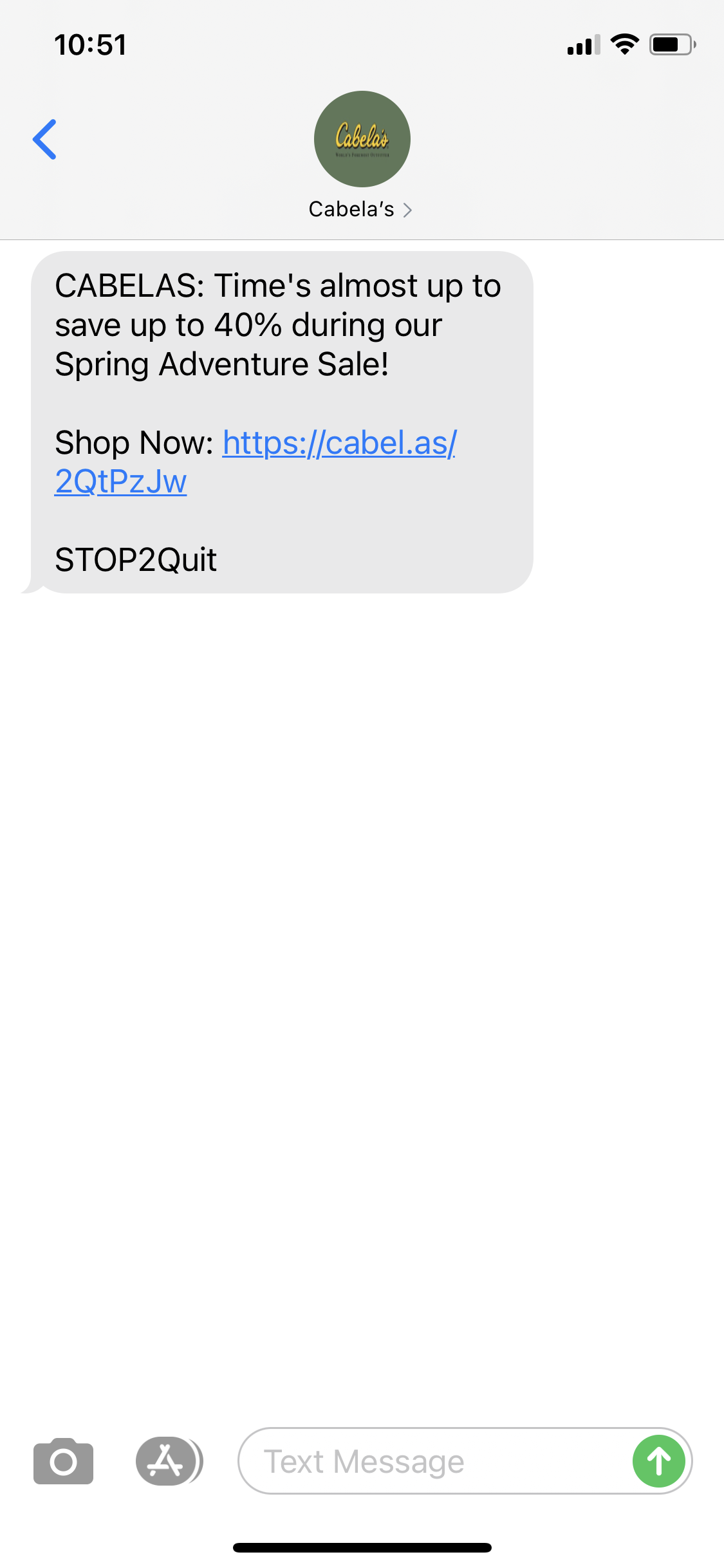 Cabela’s Text Message Marketing Example – 04.27.2021 | SMS Archives