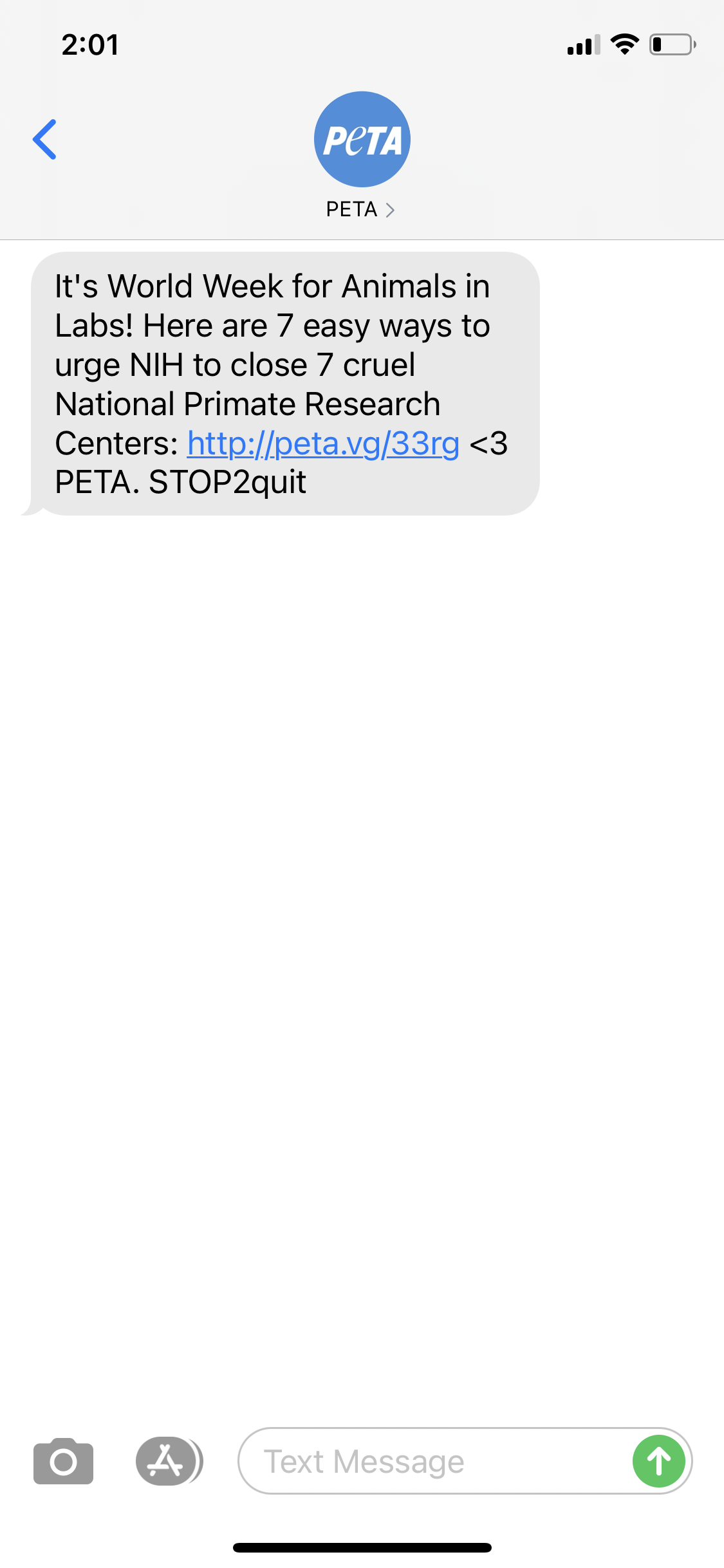 PETA Text Message Marketing Example – 04.20.2021 | SMS Archives