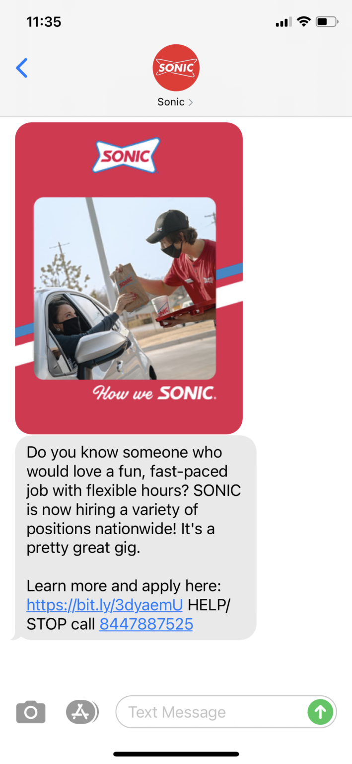 Sonic Text Message Marketing Example – 04.22.2021 | SMS Archives