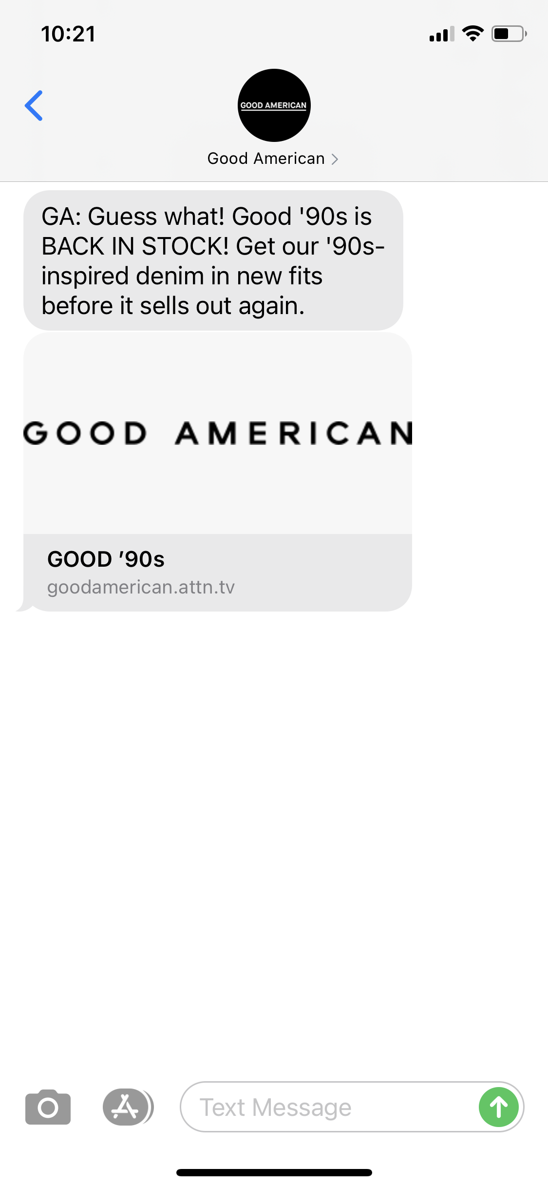Good American Text Message Marketing Example – 04.29.2021 | SMS Archives