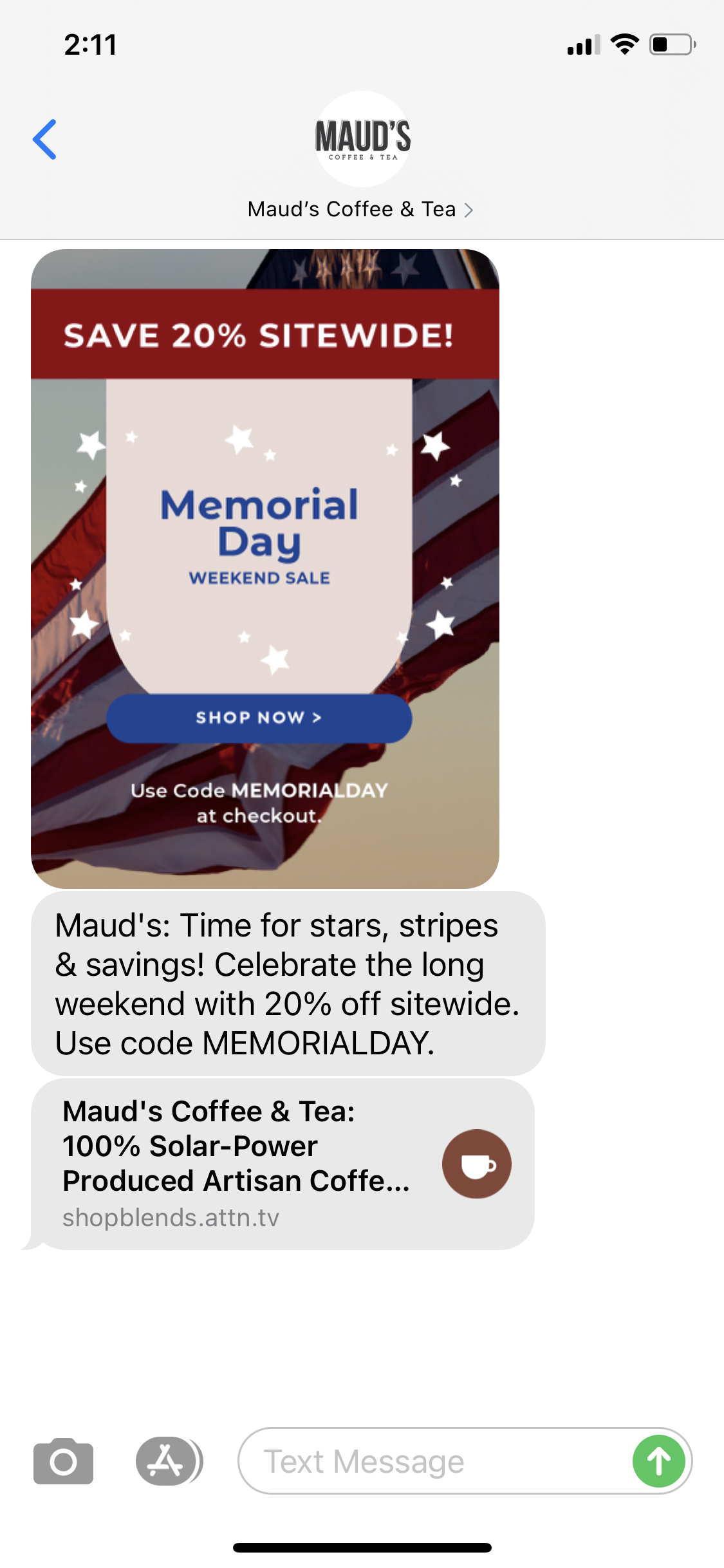 Maud’s Coffee & Tea Text Message Marketing Example – 05.28.2021 | SMS ...