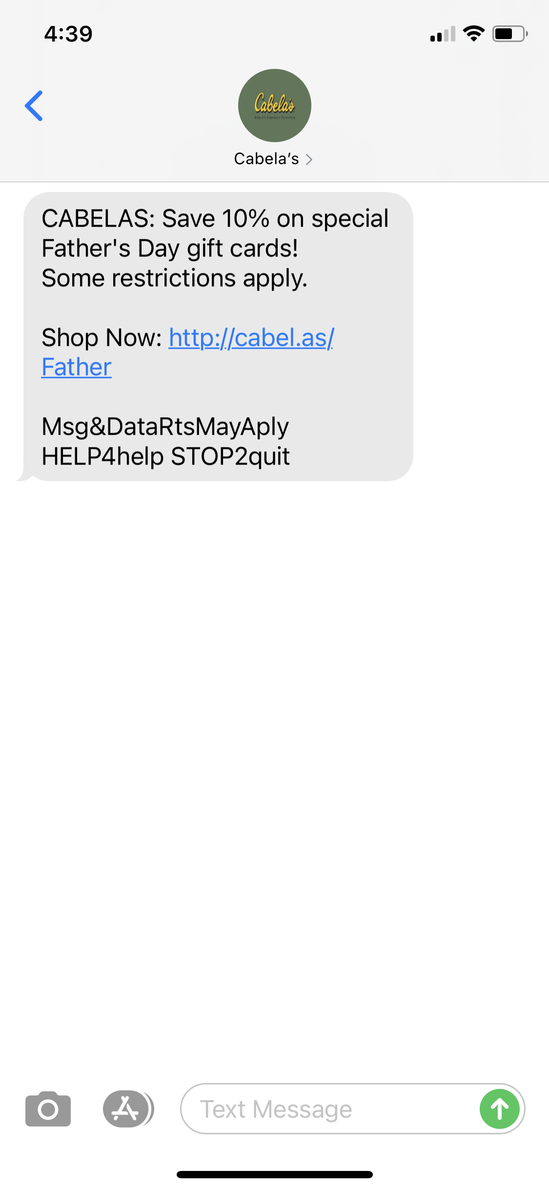 Cabela’s Text Message Marketing Example – 06.04.2021 | SMS Archives