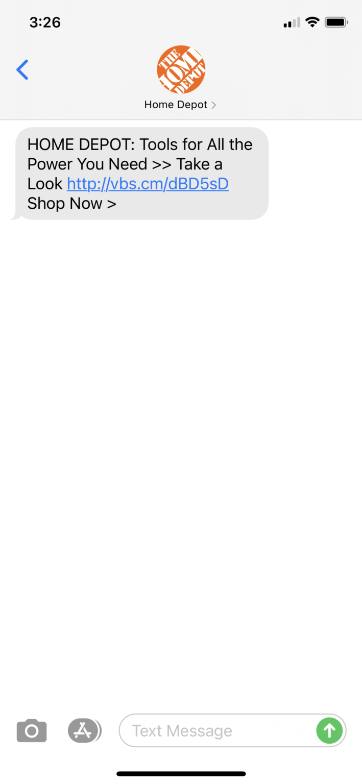 Home Depot Text Message Marketing Example – 06.01.2021 | SMS Archives