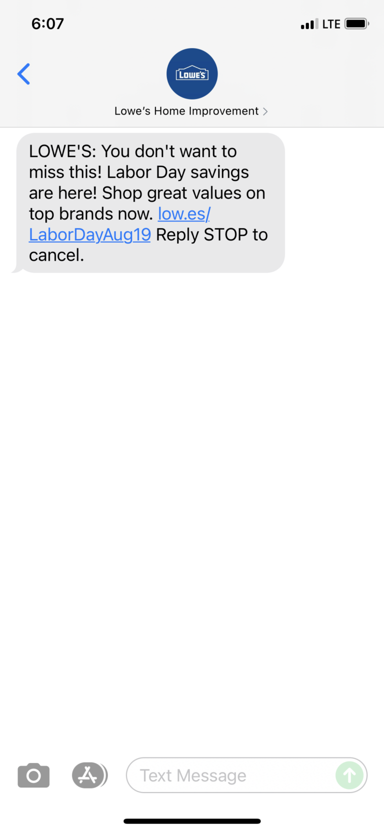 Lowe’s Text Message Marketing Example – 08.19.2021 | SMS Archives