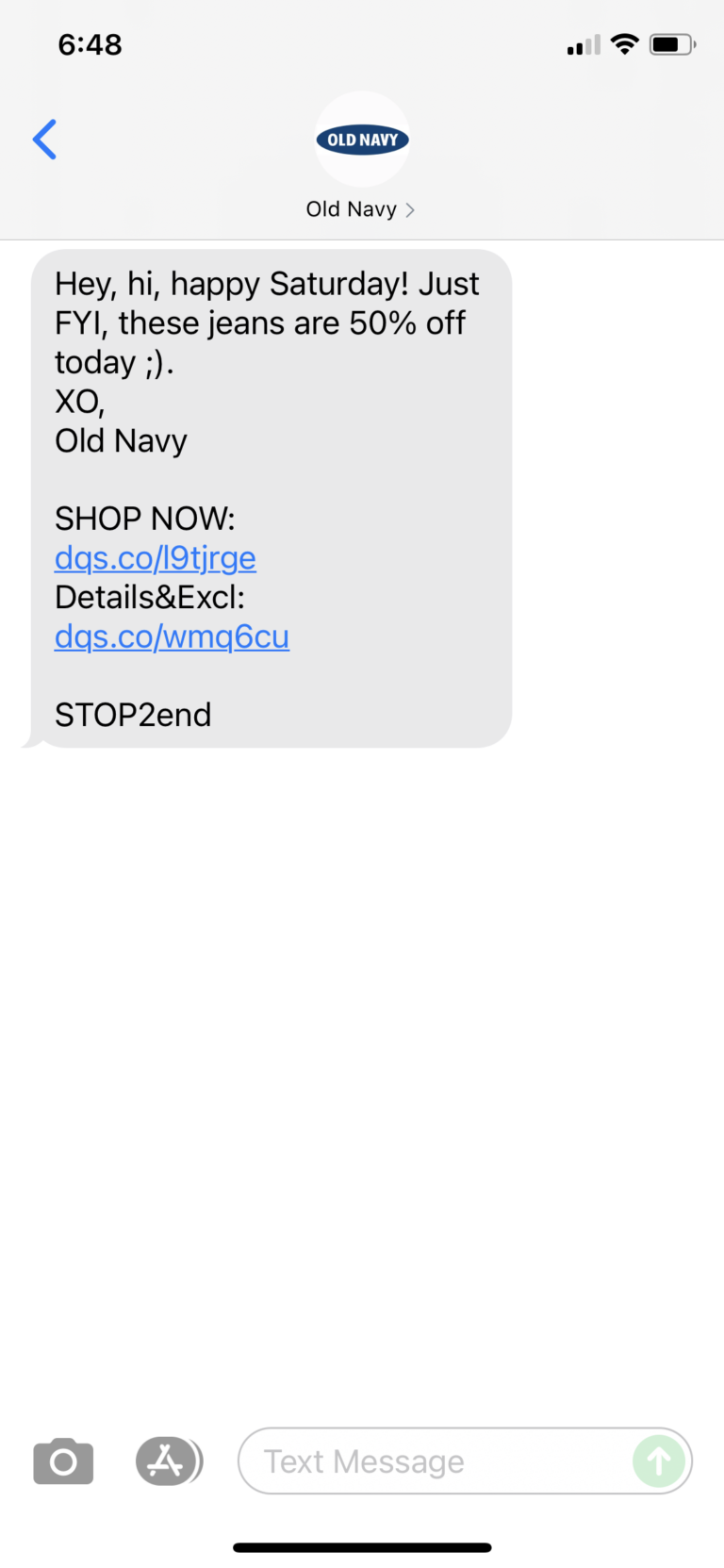 Old Navy Text Message Marketing Example 07 31 2021 SMS Archives