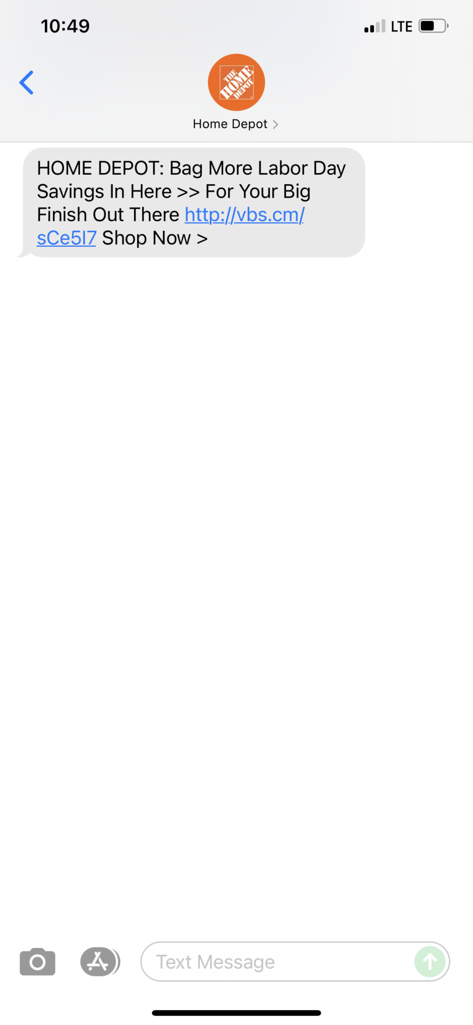 Home Depot Text Message Marketing Example – 08.31.2021 | SMS Archives