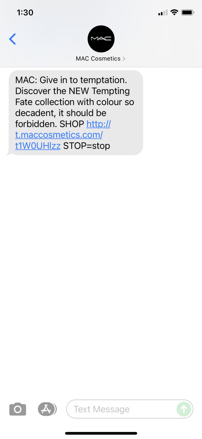 Mac Cosmetics Text Message Marketing Example – 09.03.2021 | SMS Archives