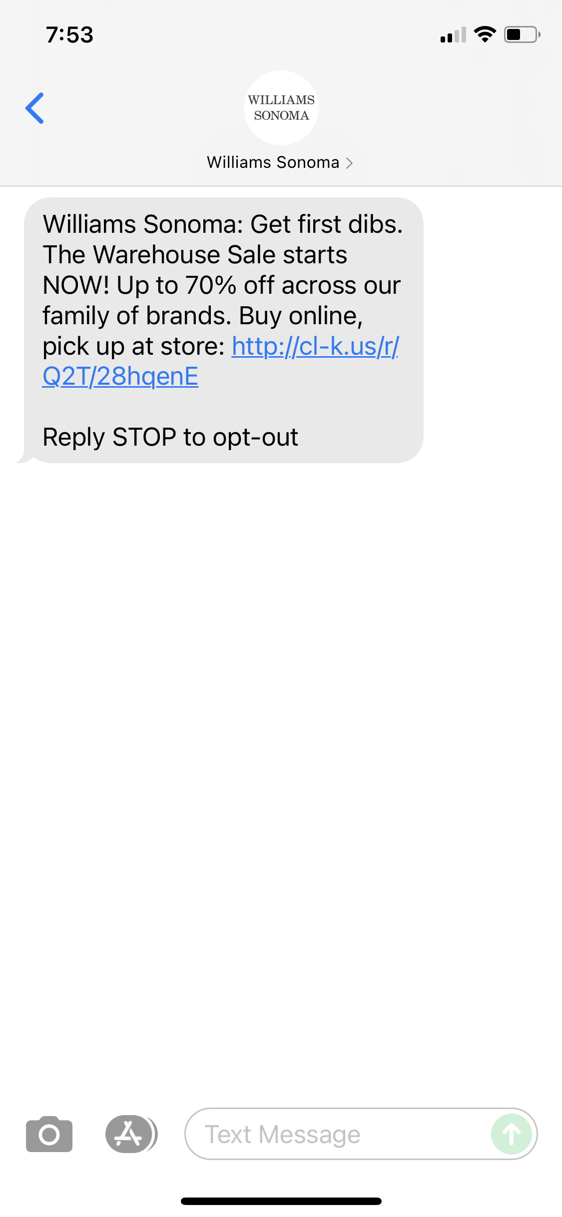 Williams Sonoma Text Marketing Examples | SMS Archives