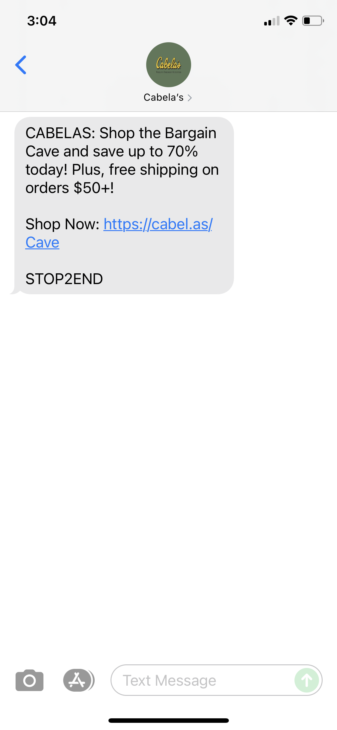 Cabela’s Text Message Marketing Example – 10.14.2021 | SMS Archives