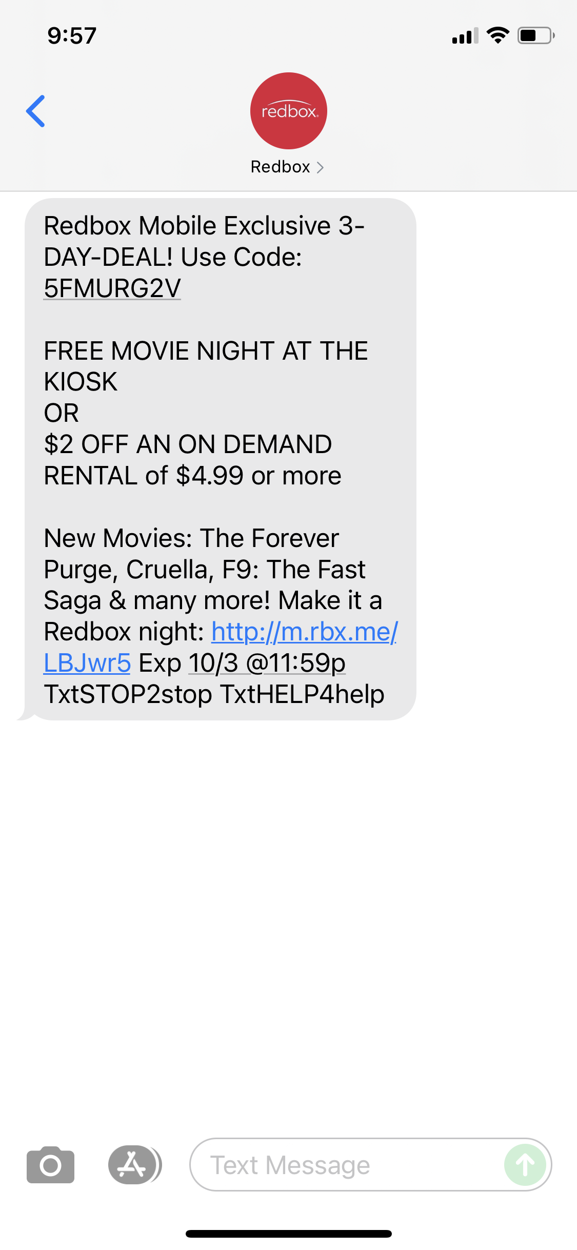 Redbox Text Message Marketing Example – 10.01.2021 | SMS Archives