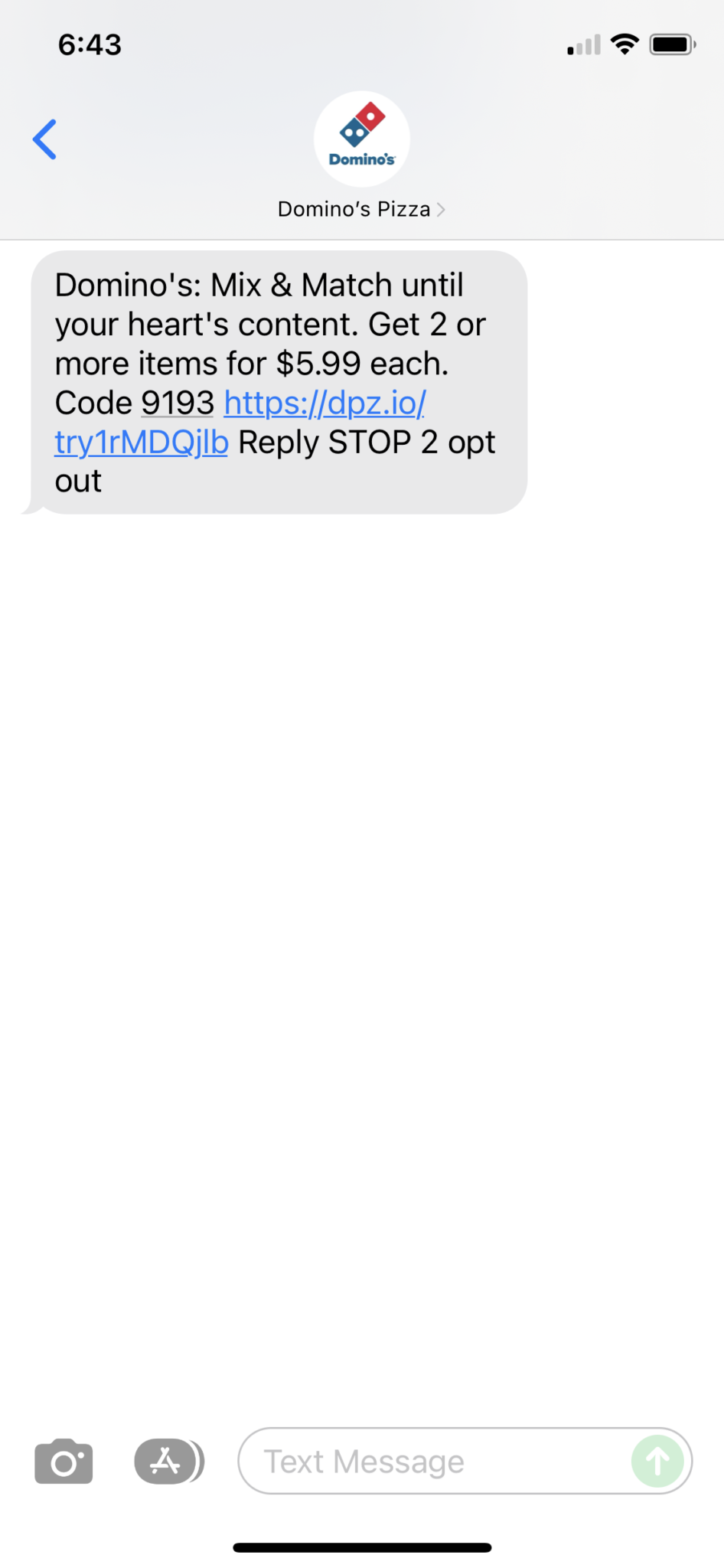 Domino’s Text Message Marketing Example – 11.22.2021 | SMS Archives