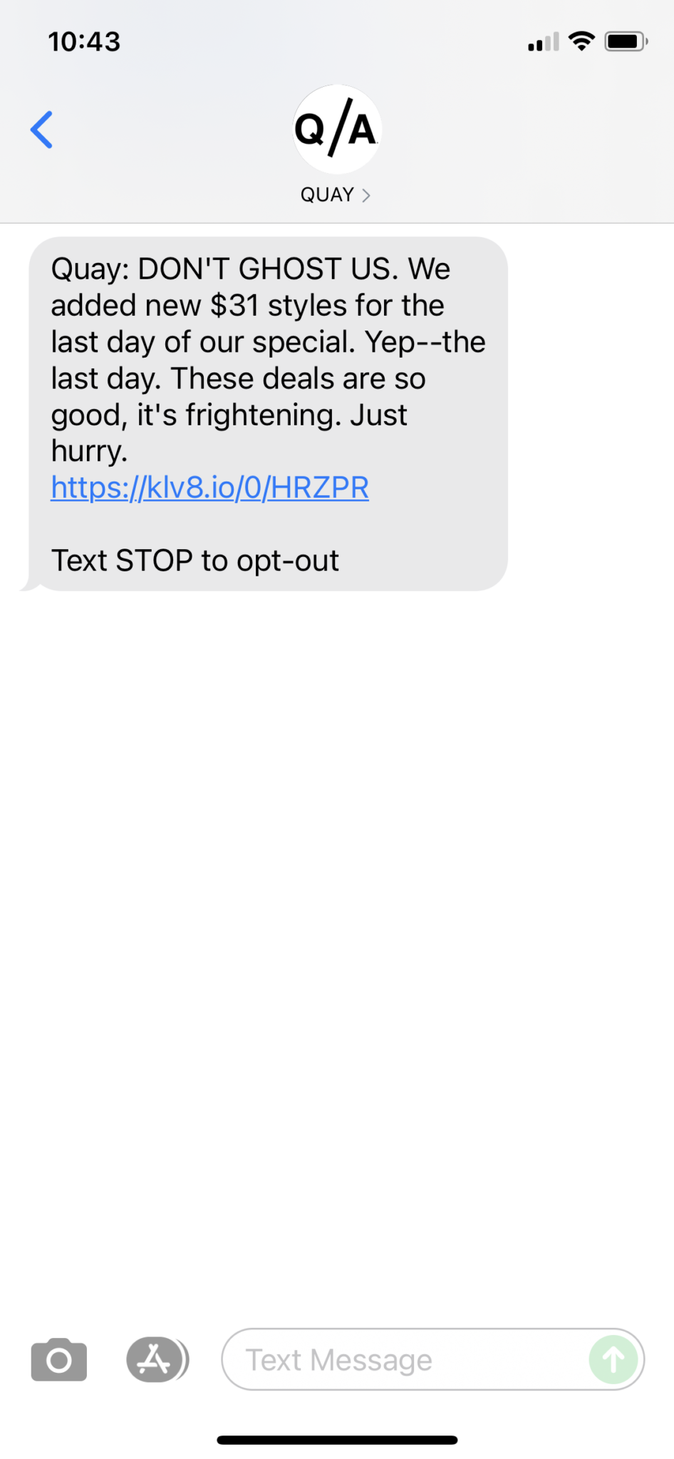 Quay Text Message Marketing Example – 10.31.2021 | SMS Archives