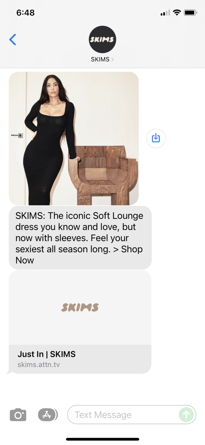 SKIMS Text Message Marketing Example – 11.22.2021 | SMS Archives