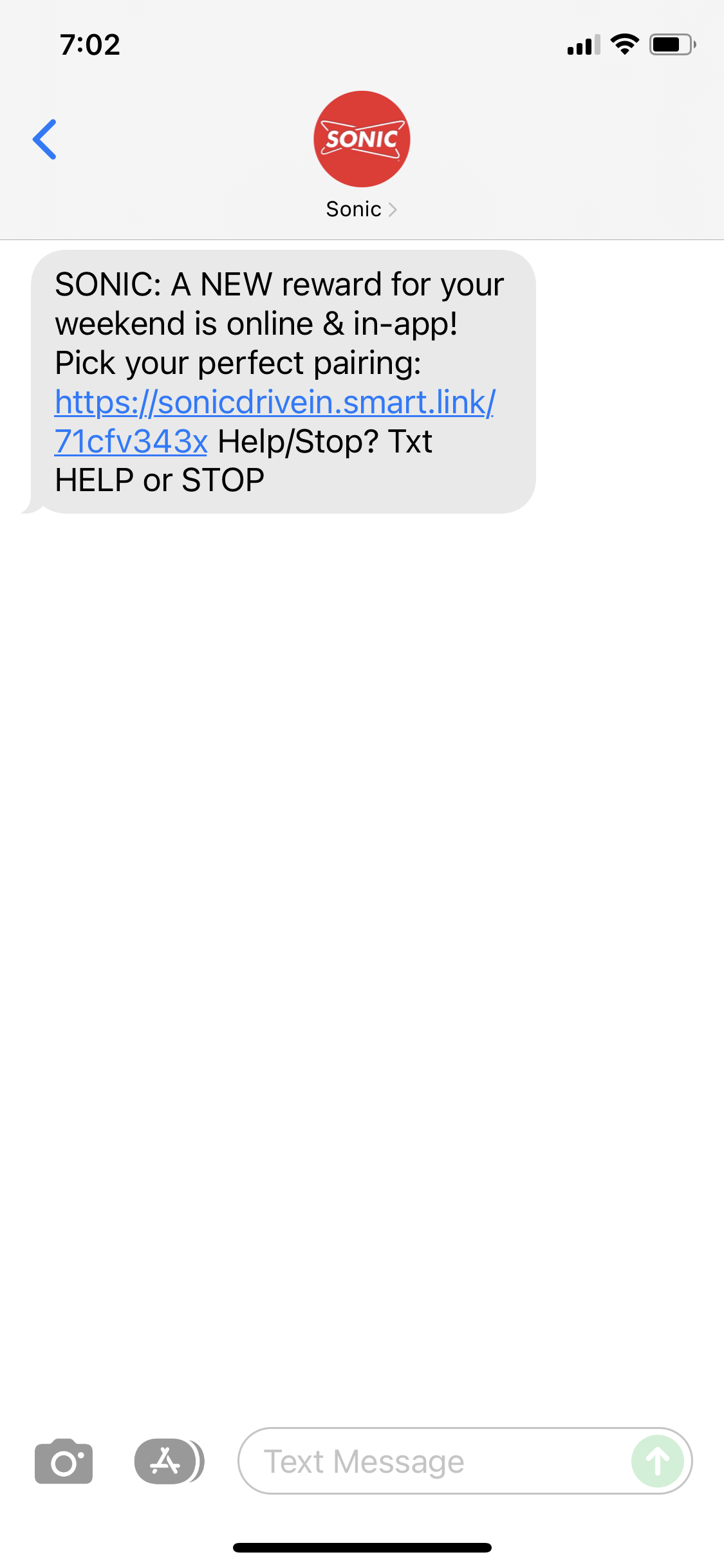 Sonic Text Message Marketing Example – 11.26.2021 | SMS Archives