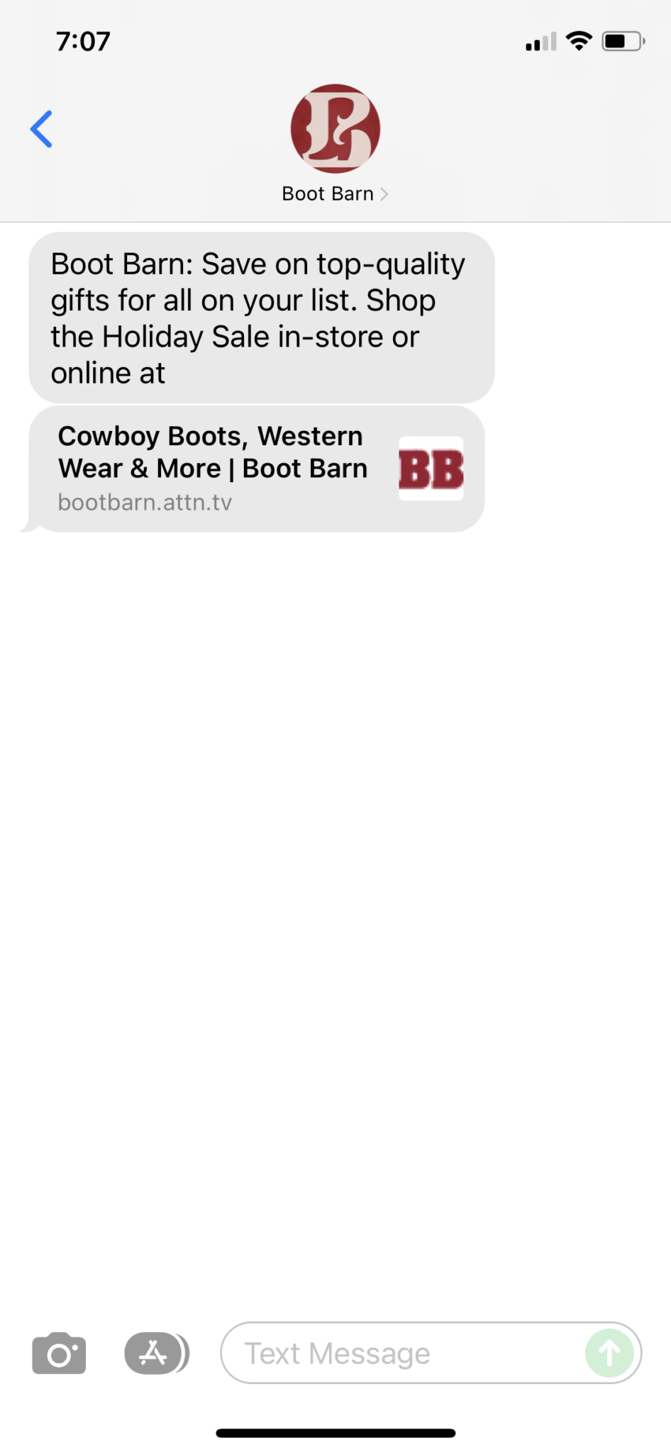 Boot Barn Text Message Marketing Example – 12.10.2021 | SMS Archives