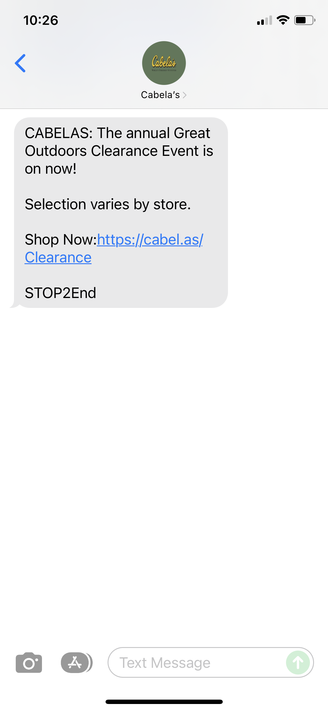 Cabela’s Text Message Marketing Example – 12.27.2021 | SMS Archives