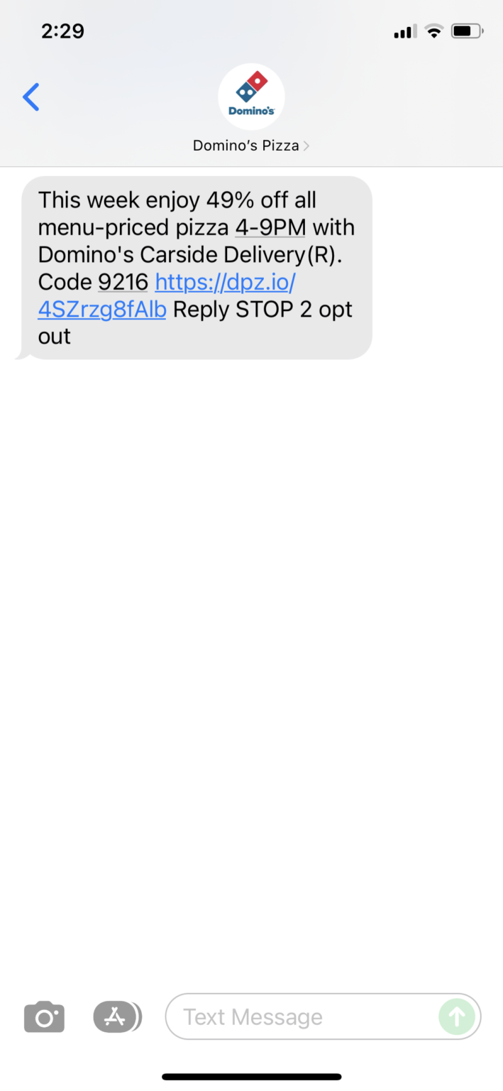Domino’s Text Message Marketing Example – 12.06.2021 | SMS Archives