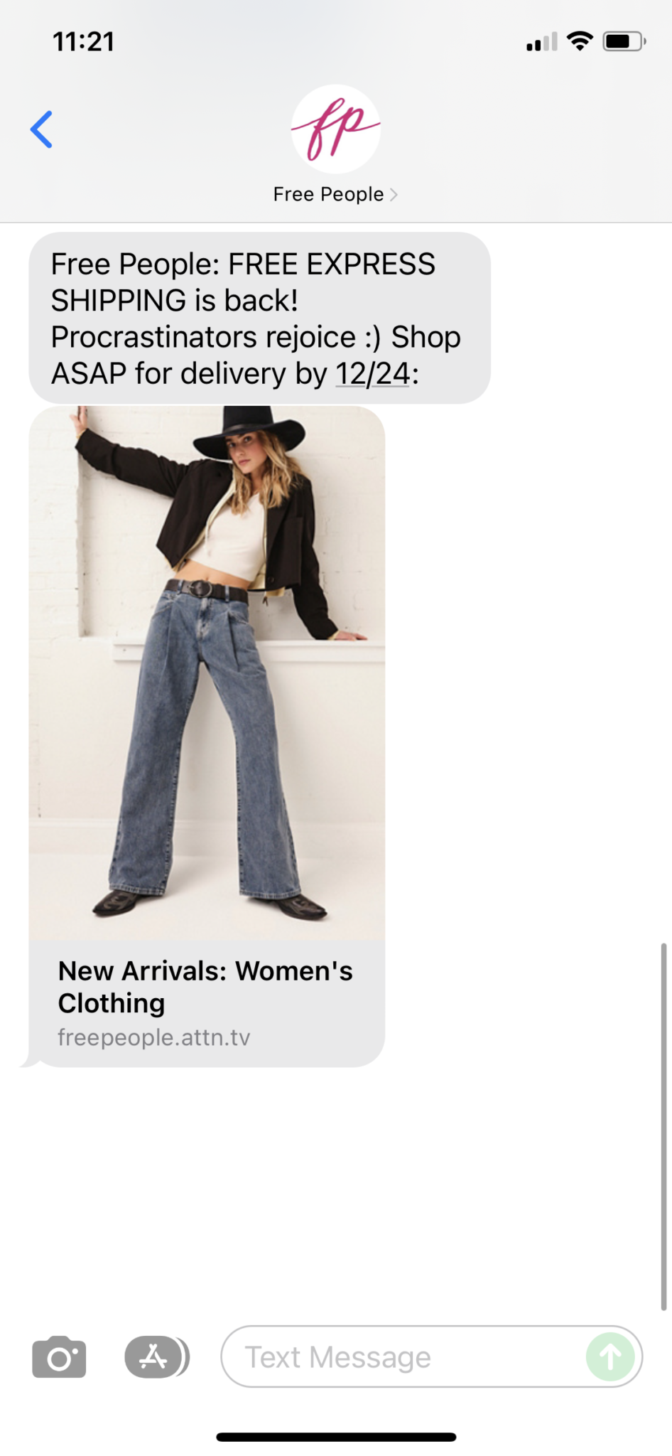 Free People Text Message Marketing Example – 12.20.2021 | SMS Archives