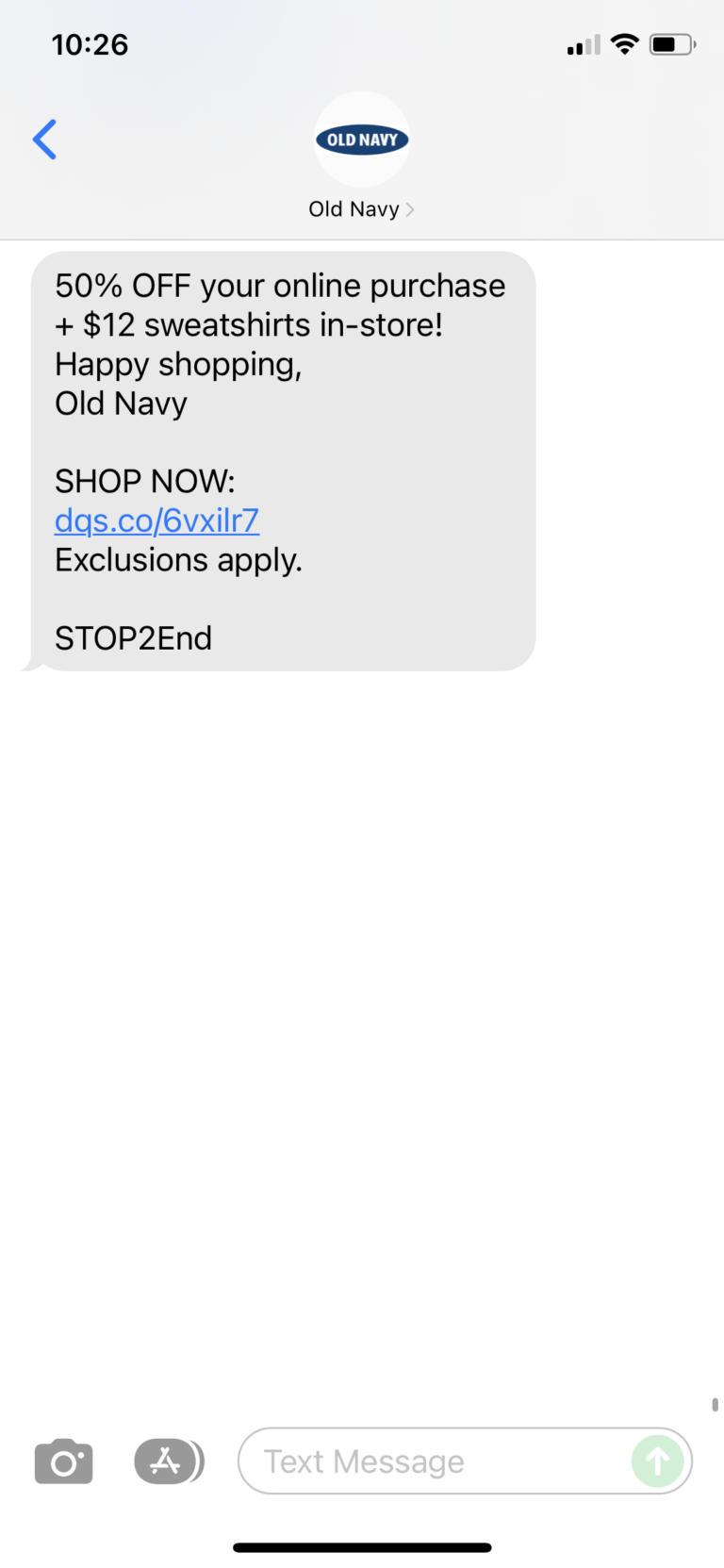 Old Navy Text Message Marketing Example – 12.27.2021 | SMS Archives