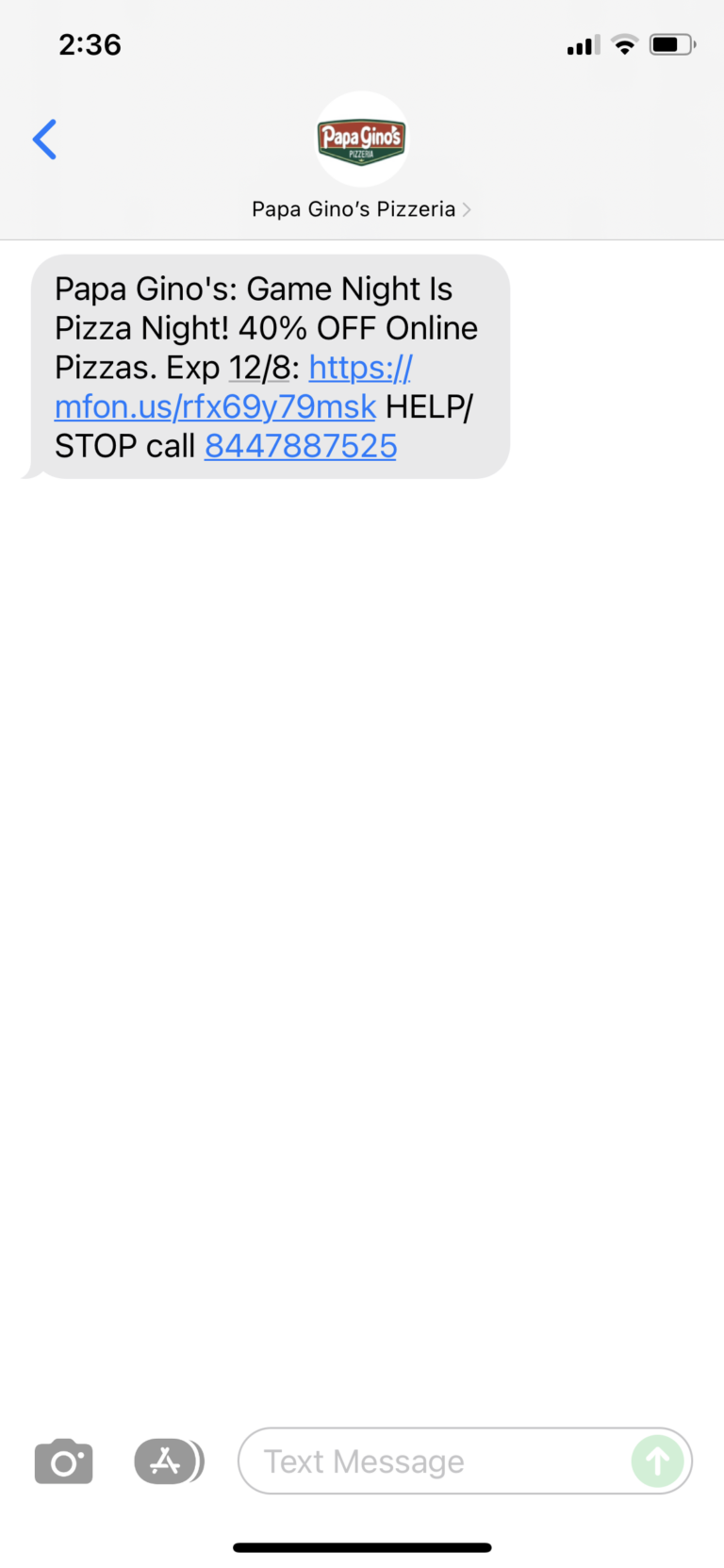 Papa Gino’s Text Message Marketing Example – 12.06.2021 | SMS Archives