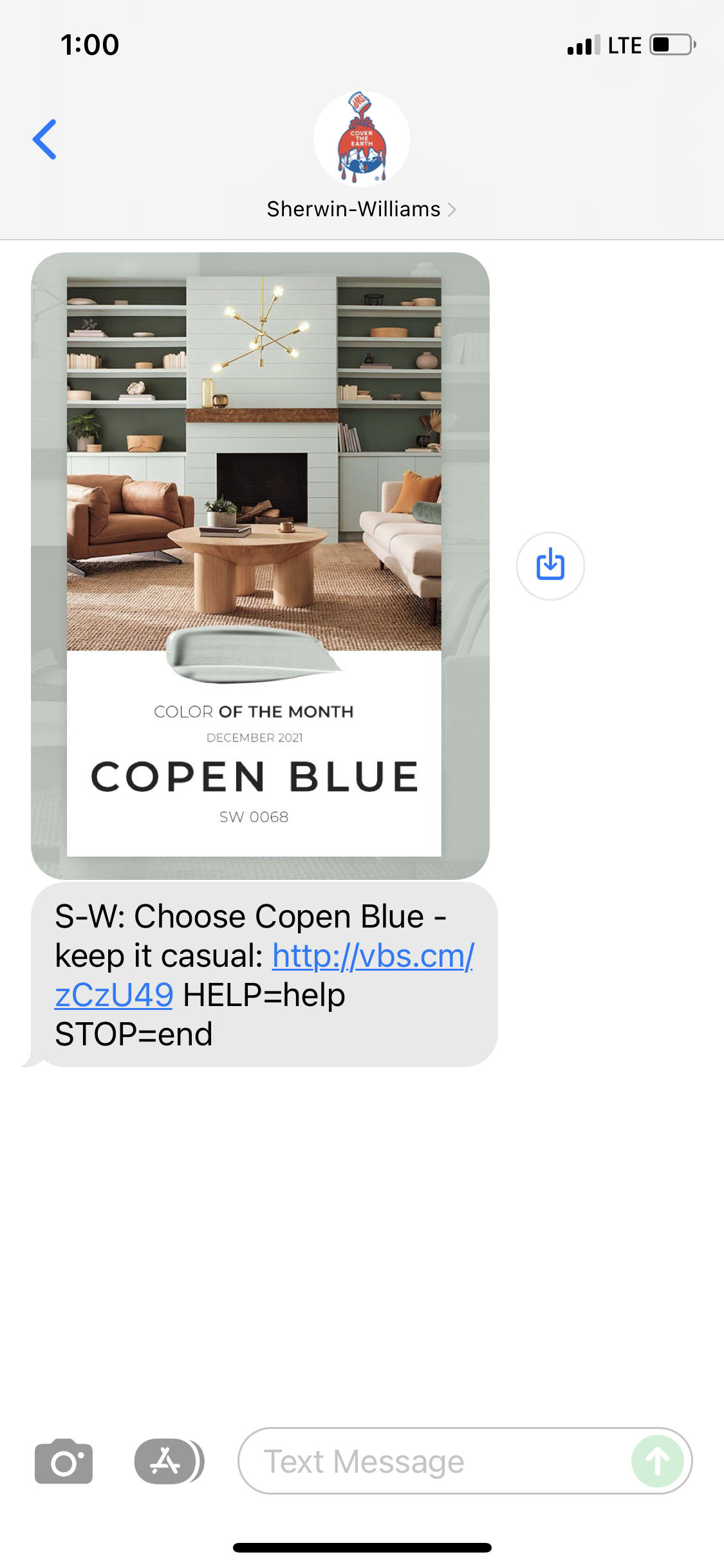 Sherwin Williams Text Message Marketing Example – 12.09.2021 | SMS Archives
